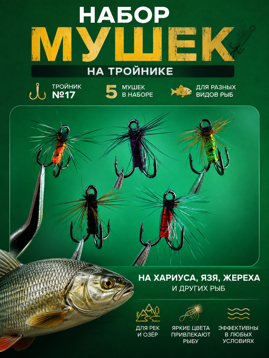 Сухие мушки на хариуса на тройнике 5 штук, разного цвета / Рыболовные Мушки