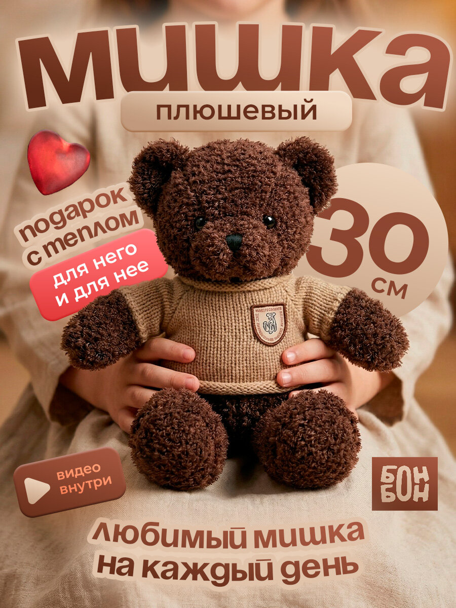 Мишка плюшевый в свитере 30 см, шоколадный / Медведь плюшевый подарок для девочки / Мишка в одежде