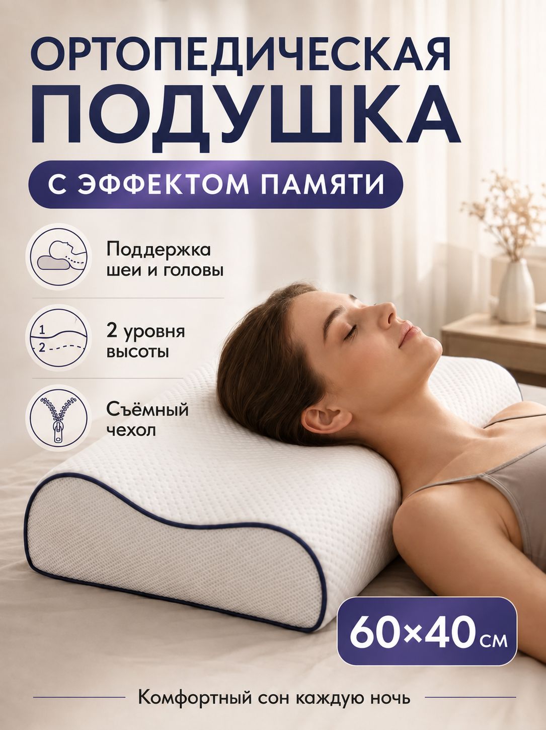 Подушка ортопедическая для сна с эффектом памяти 60х40