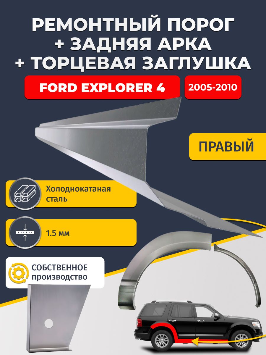 Правая задняя ремонтная арка (0,8 мм) и правый стандартный ремонтный порог (1,5 мм) + торцевая заглушка (1,5 мм) на Ford Explorer 4 2005-2010 (Форд Эксплорер 4). Холоднокатаная сталь