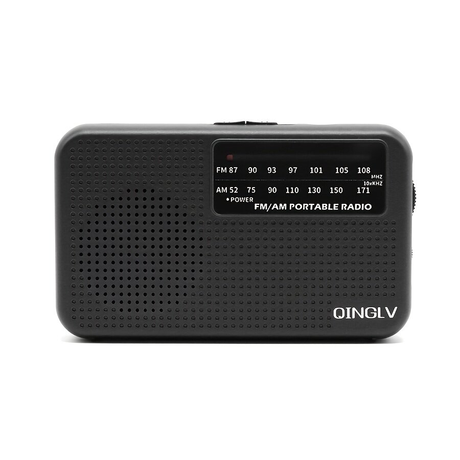 Компактное портативное радио AM/FM, чёрное, питание от 2 батареек AA, встроенный динамик и разъём для наушников