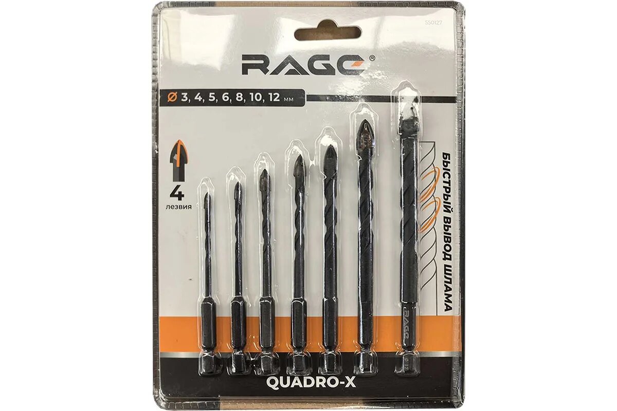RAGE Набор сверл по стеклу и керамике 3 мм 4 мм 5 мм 6 мм 8 мм 10 мм 12 мм Quadro-X HEX 7 шт 550127