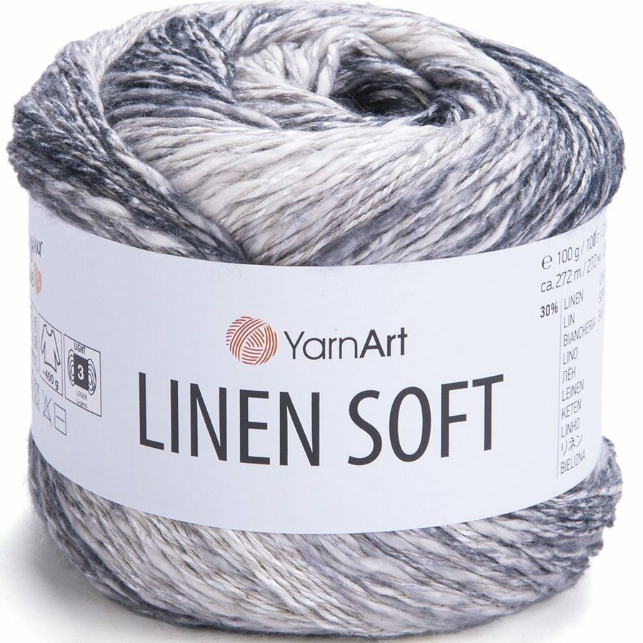 Пряжа Yarnart LINEN SOFT 7406 бел/черн/сер (4 мотка)