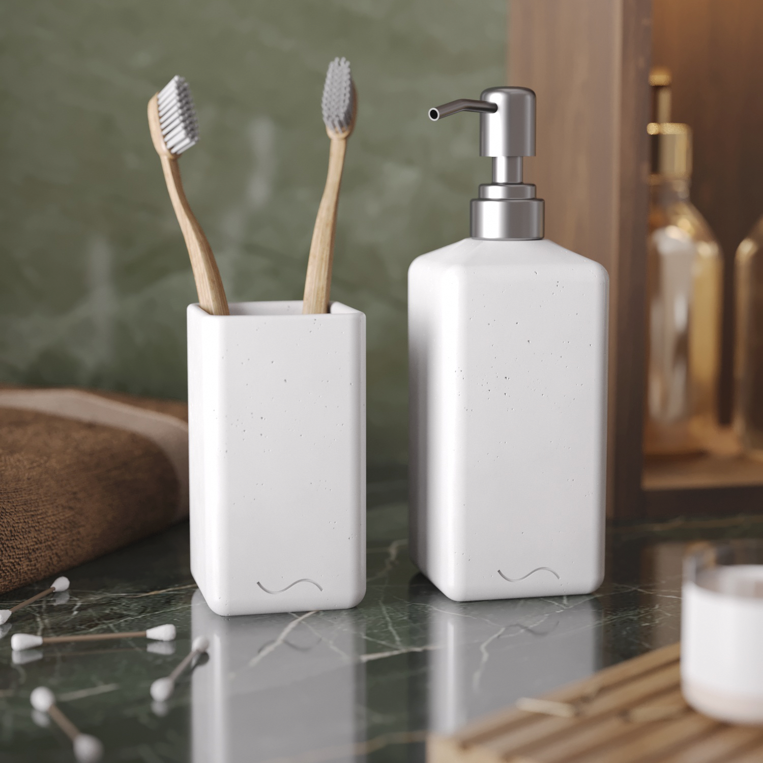 Набор для ванной Emily Slim 01 (дозатор с металлической помпой, стакан для зубных щеток), бетон, белый глянцевый