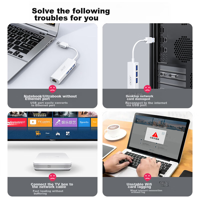 Acer USB-адаптер-хаб-конвертер RJ45 для расширения сетевого порта с USB 2.0 для ноутбуков и настольных ПК Цвет：Сетевой