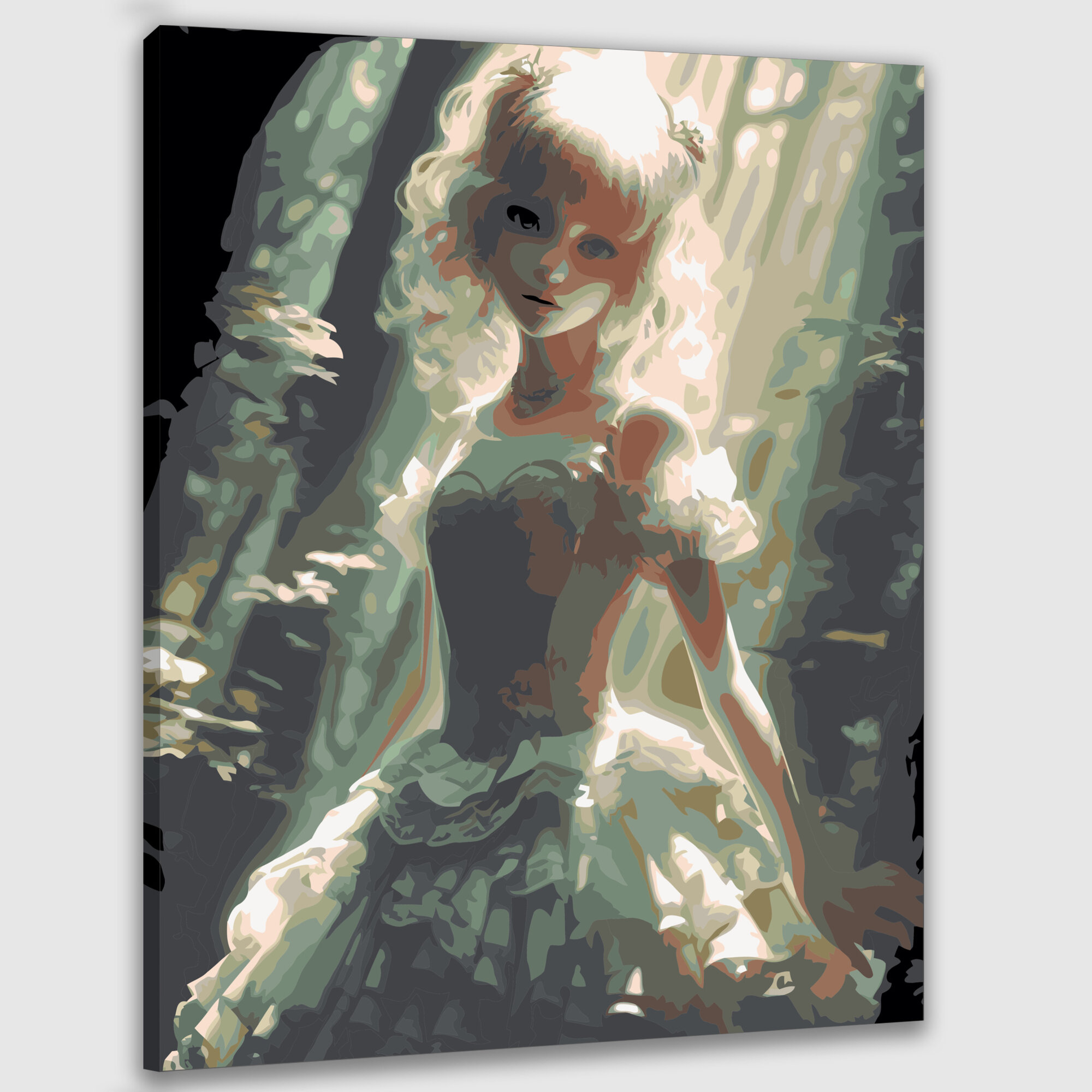 Картина по номерам 40x50 см, фарфоровая кукла, платье с оборками, нежные кружева, яркая зеленая листва, причудливый лес