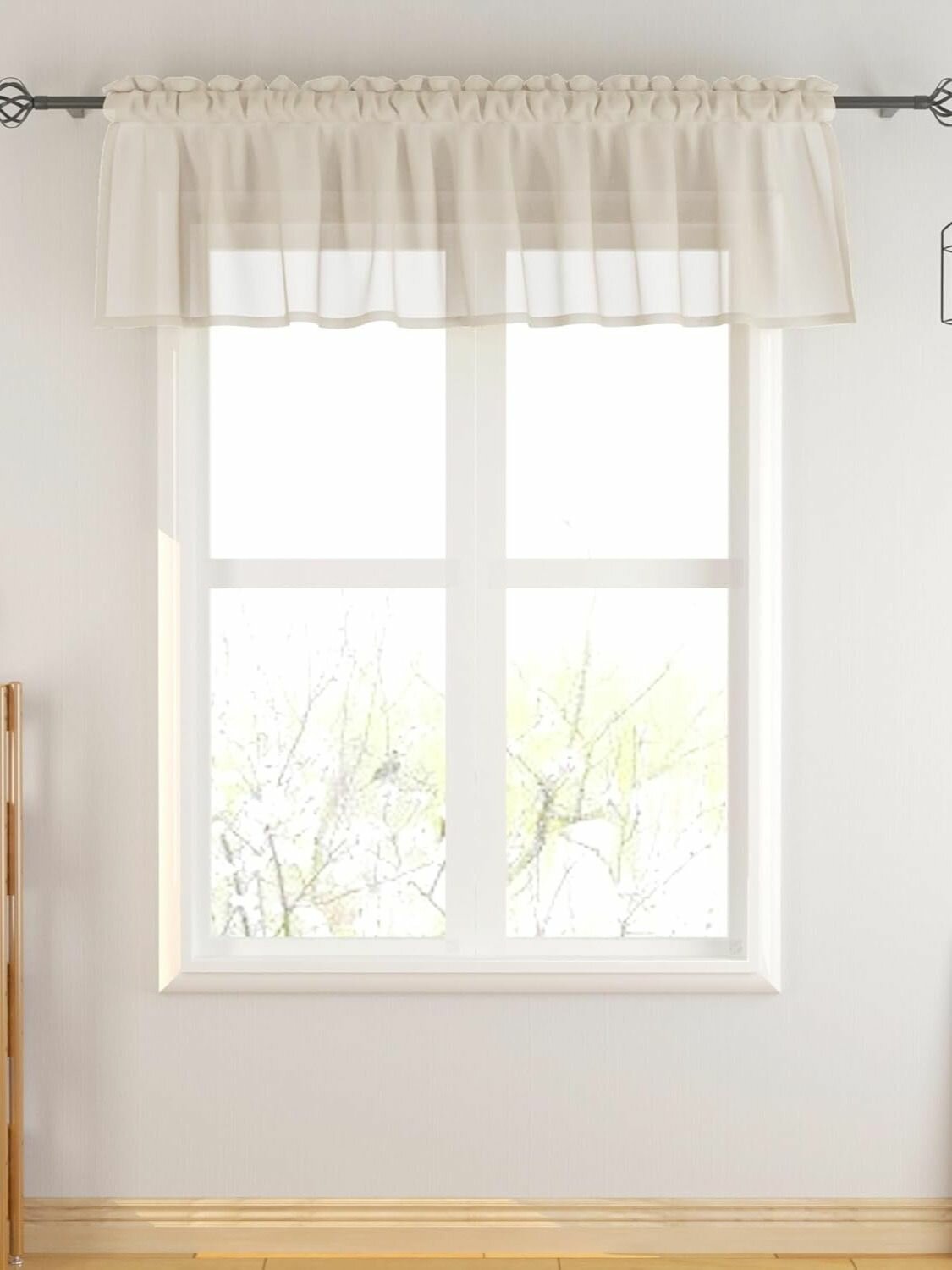 Штора ламбрекен для кухни из однотонного тюля вуаль на ленте под крючки арт. ТУ-ЛАМБР-770 цвет бежевый