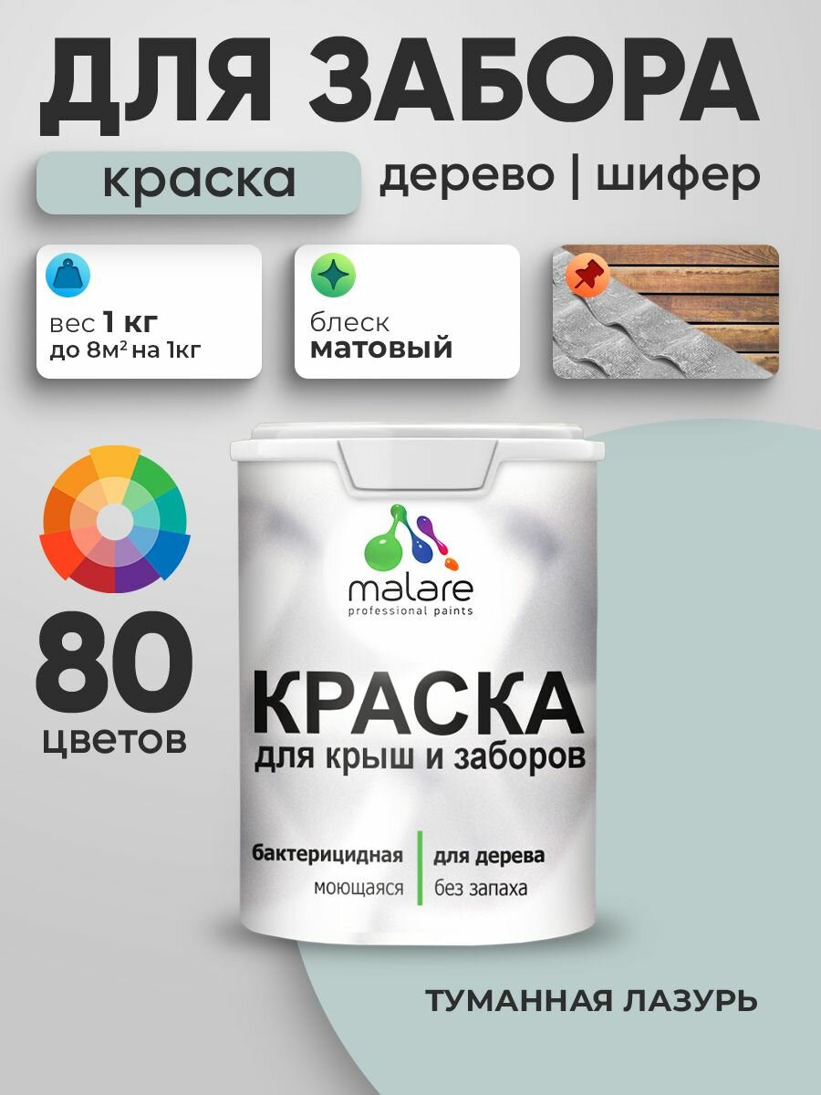 Акриловая краска Malare для деревянного забора/ по дереву для наружных и внутренних работ/ быстросохнущая моющаяся без запаха, матовая, туманная лазурь, 1 кг.