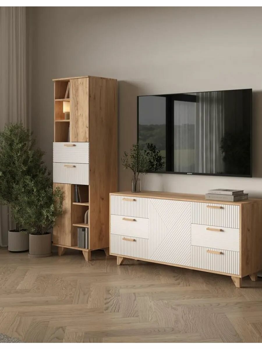 Стеллаж Ньерд, прямой, с ящиками, с дверцами, 55х41х186 см, Дуб Вотан / Белый