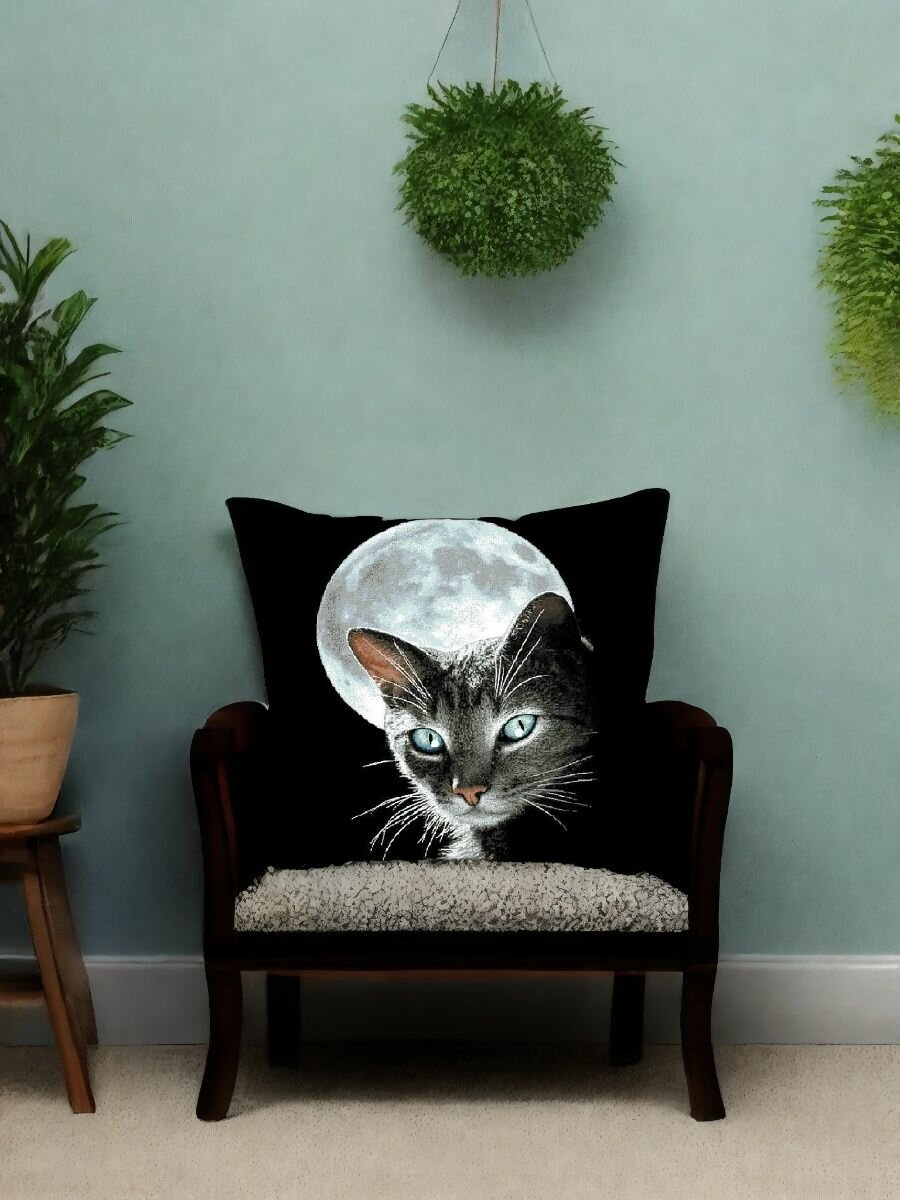 Подушка Декоративная Гобеленовая 45х45 "Лунный кот", для интерьера, на диван, чехол 45х45 хлопок, полиэстер