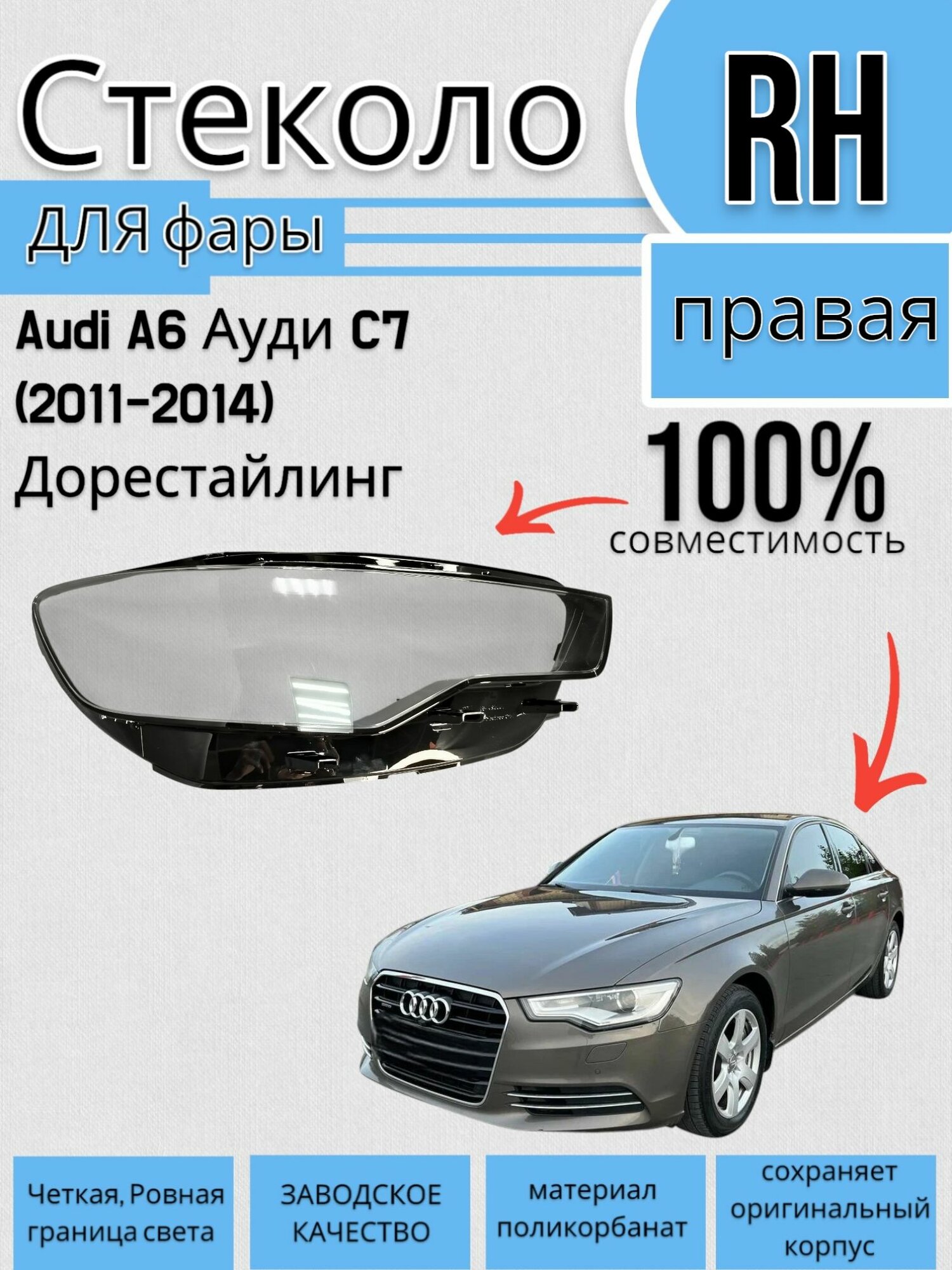 Стекло фар Audi A6 Ауди C7 (2011-2014) Дорестайлинг Правое