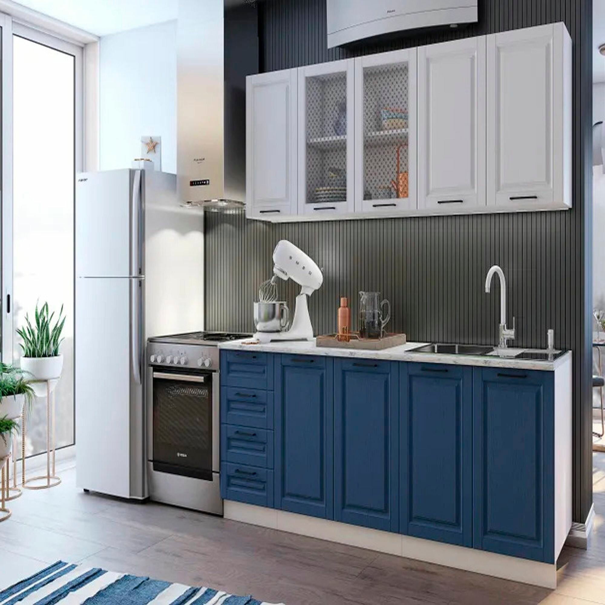 Кухня Вита Шато 2000х600 белый / Шато индиго, для кухни, для дома, с полками и выдвижными ящиками