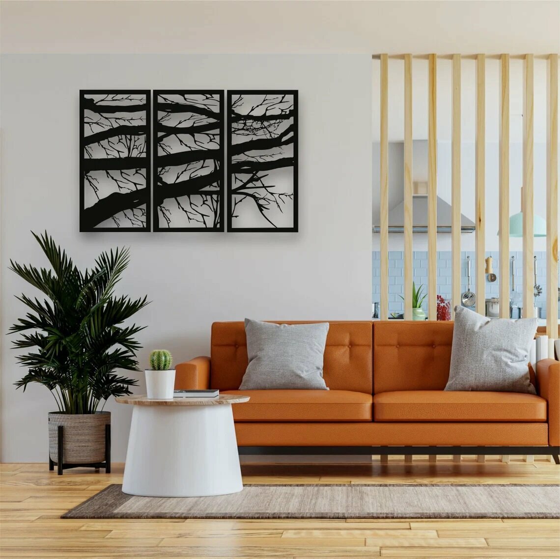 Панно металлическое на стену Ветки дерева (3 модуля)