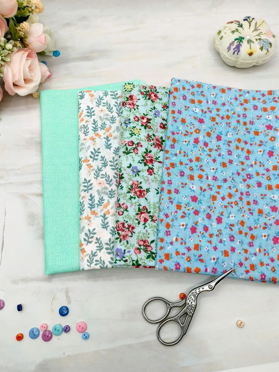 Набор тканей для рукоделия "Бирюзово-голубой", хлопок, бязь, 50x75см, 4 шт.