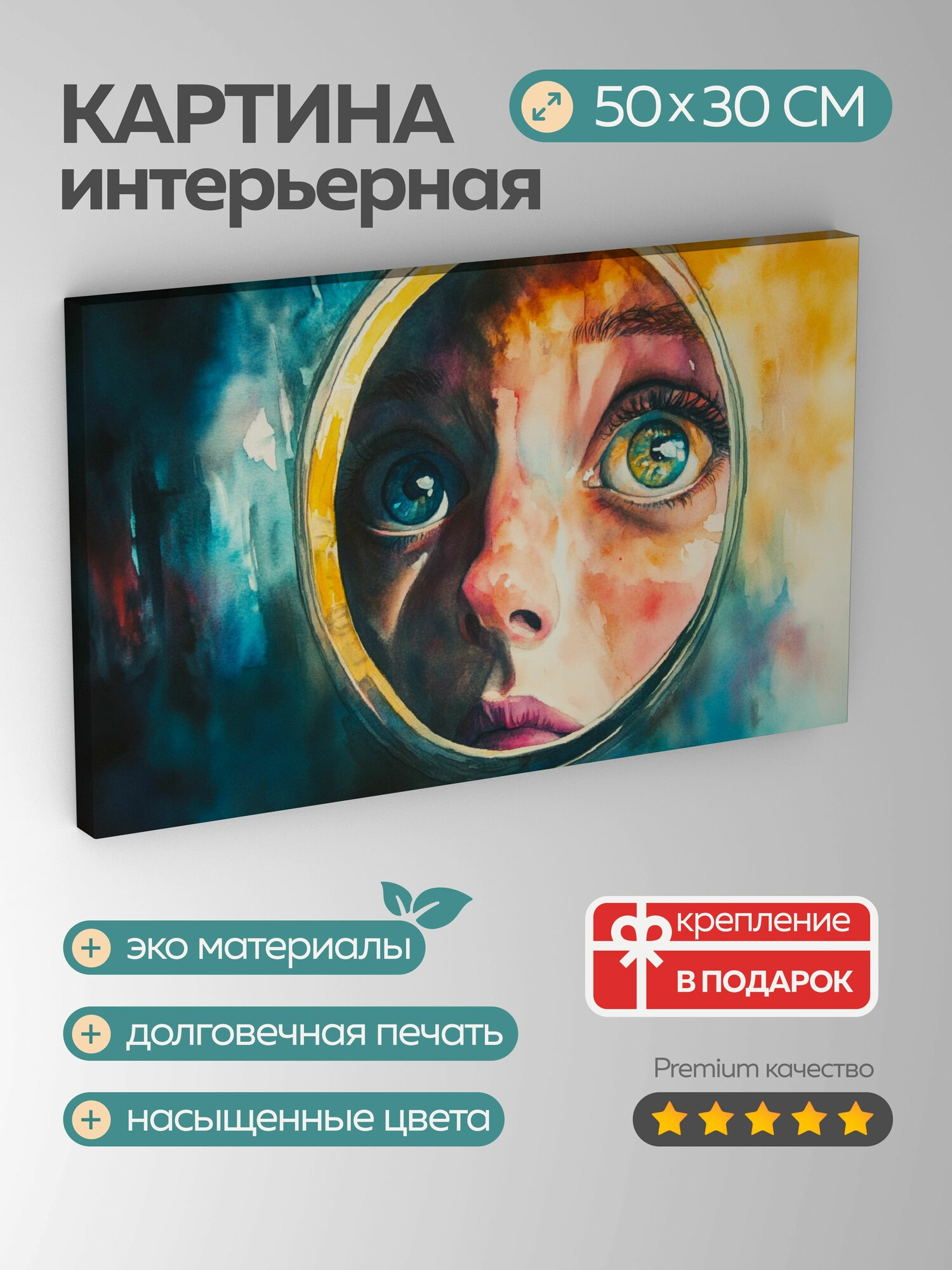 Картина на холсте интерьерная 50х30 см, иллюстрация, зеркало, искаженное отражение, человек, сюрреализм, сказка