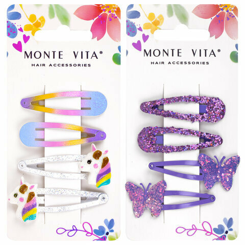 Заколки для волос набор 4 шт, 5 см, клик-клак, с декоративными элементами, ассорти, MONTE VITA, 457090