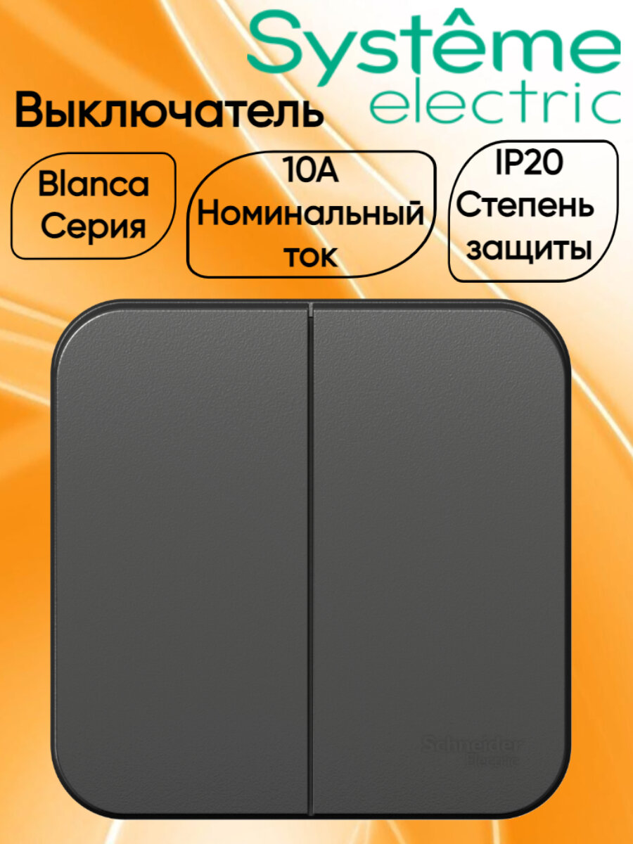 Blanca Выключатель открытой установки двухклавишный с изолирующей пластиной сх.5, 10А, Антрацит