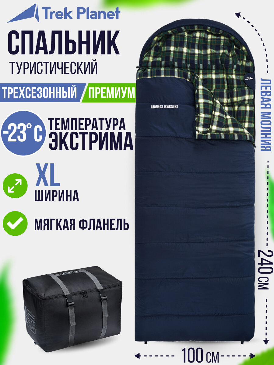 Спальный мешок TREK PLANET Chelsea XL Comfort, широкий с фланелью, левая молния, цвет: синий