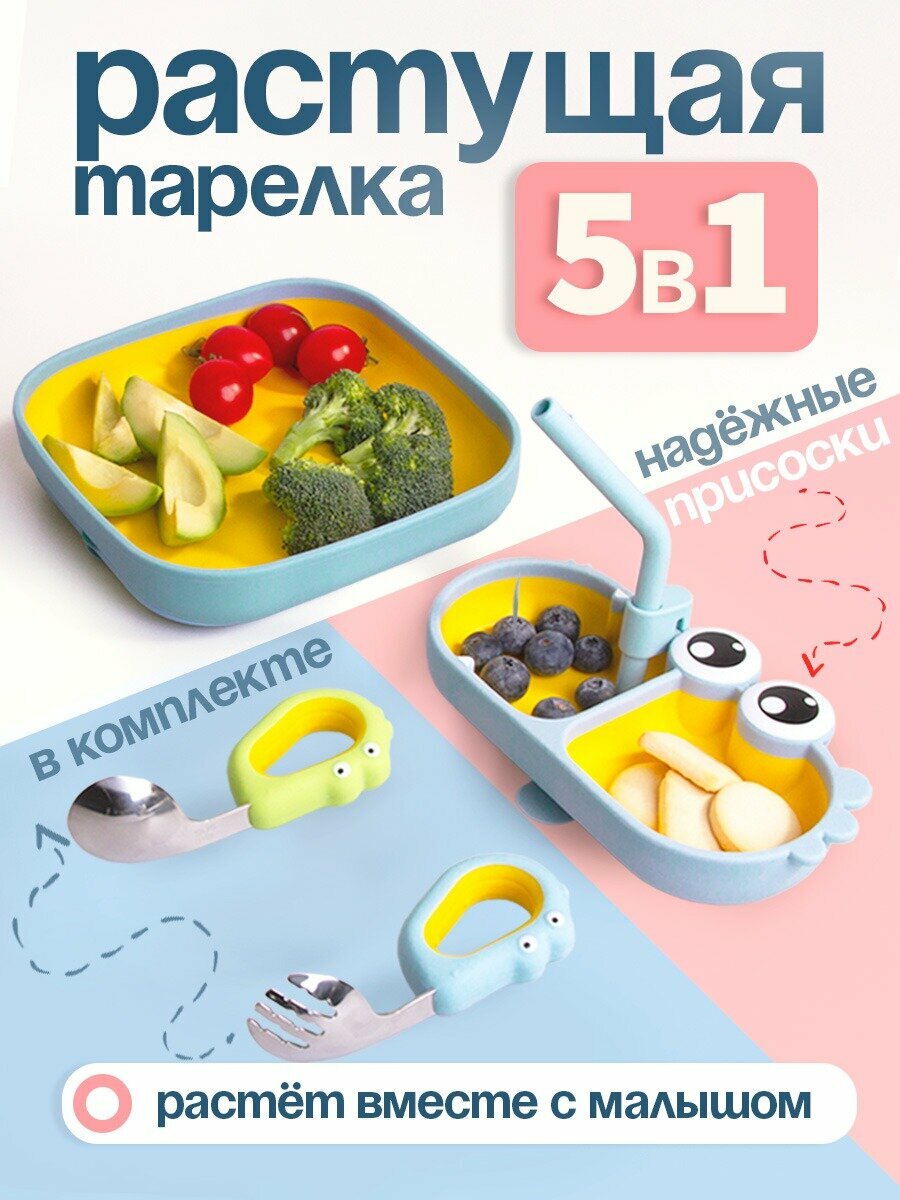 Набор детской посуды силиконовый для кормления на присосках, ложка, вилка, секционная тарелка, трубочка, xbodo abc