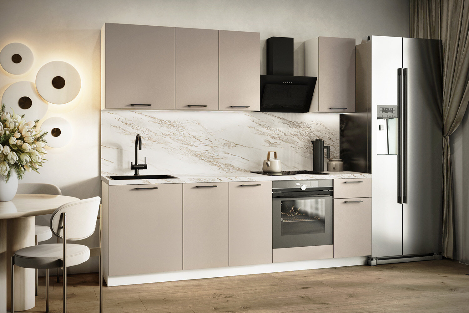 Кухонный гарнитур Hoff Сити 2,4 м, 240х210х52,6 см, цвет белый/латте софт