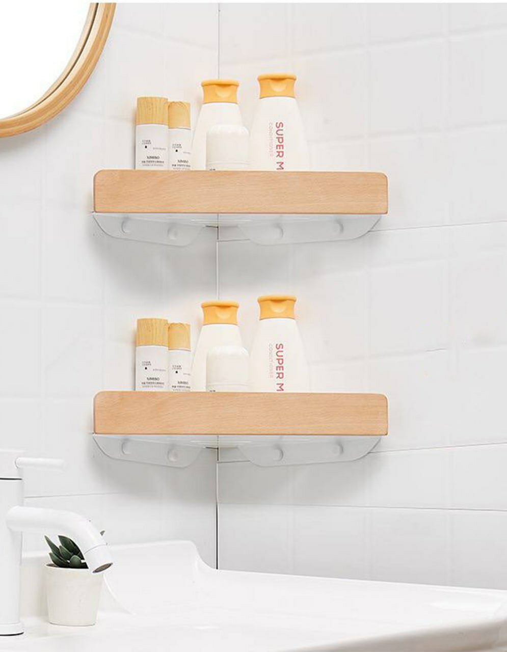 Угловая полка для ванной деревянная из натурального дерева бука, 1 шт.