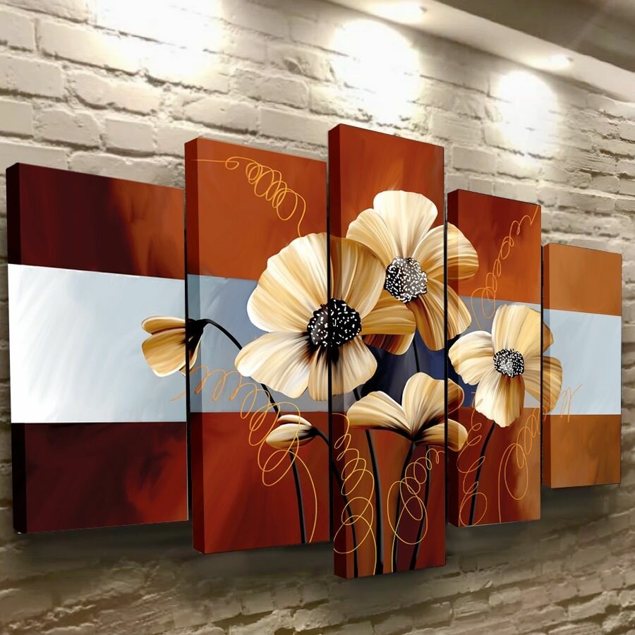 Модульная картина modul007 на стену для интерьера из 5 модулей "Коричневые цветы" 140х80 см декор комнаты на подрамнике