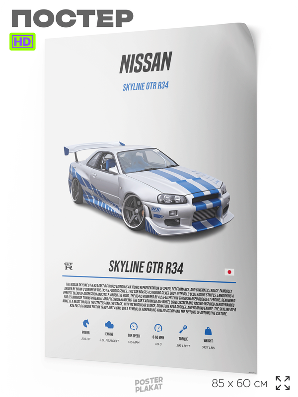 Постер на стену с машинами, Nissan Skyline GTR R34, авто Ниссан Скайлайн, для интерьера, А1 (85 х 60 см), Постер Плакат