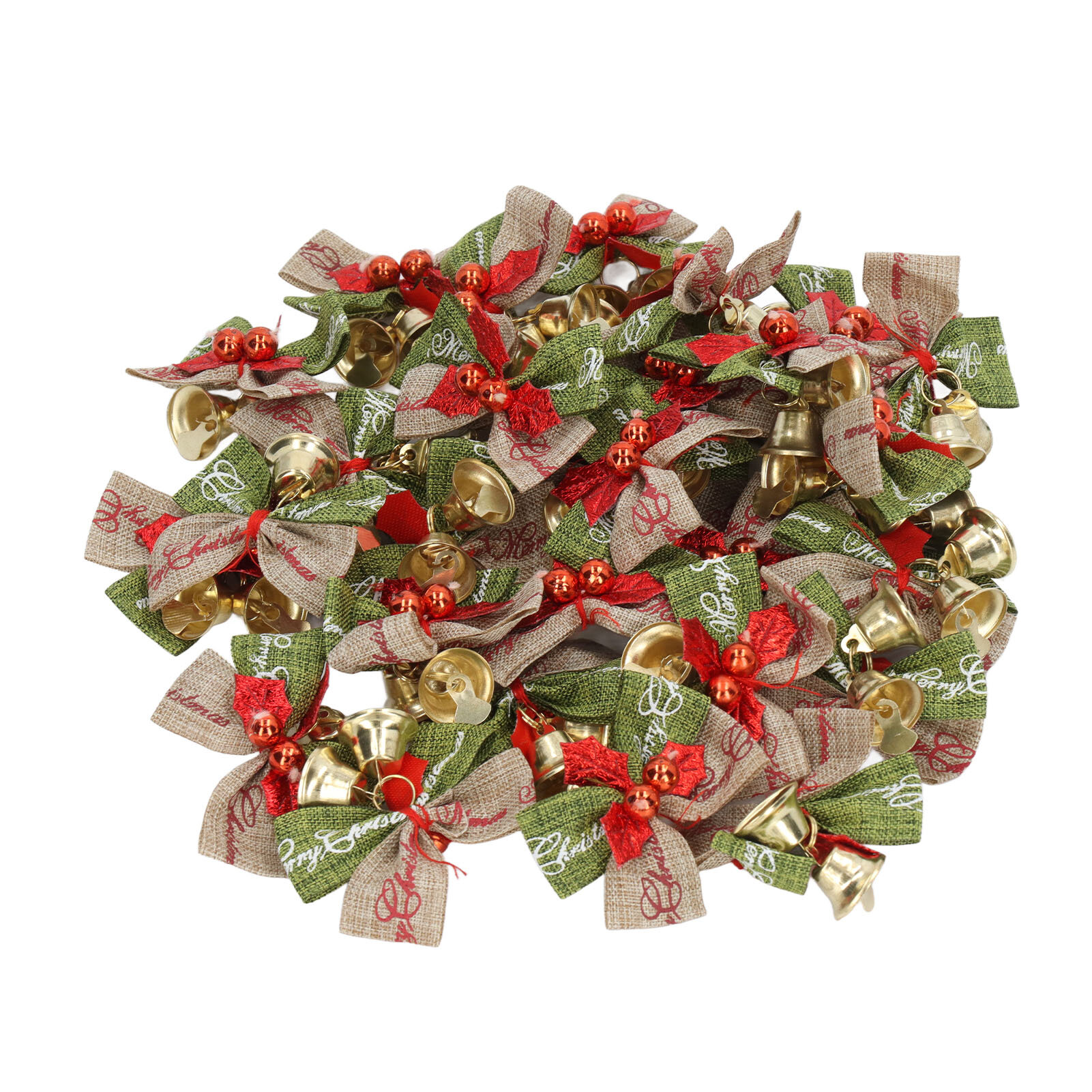 50 миниатюрных бантиков с колокольчиками, прочные металлические, создающие позитивное настроение. Широко используемые рождественские бантики с колокольчиками для дома, вечеринок и офиса.