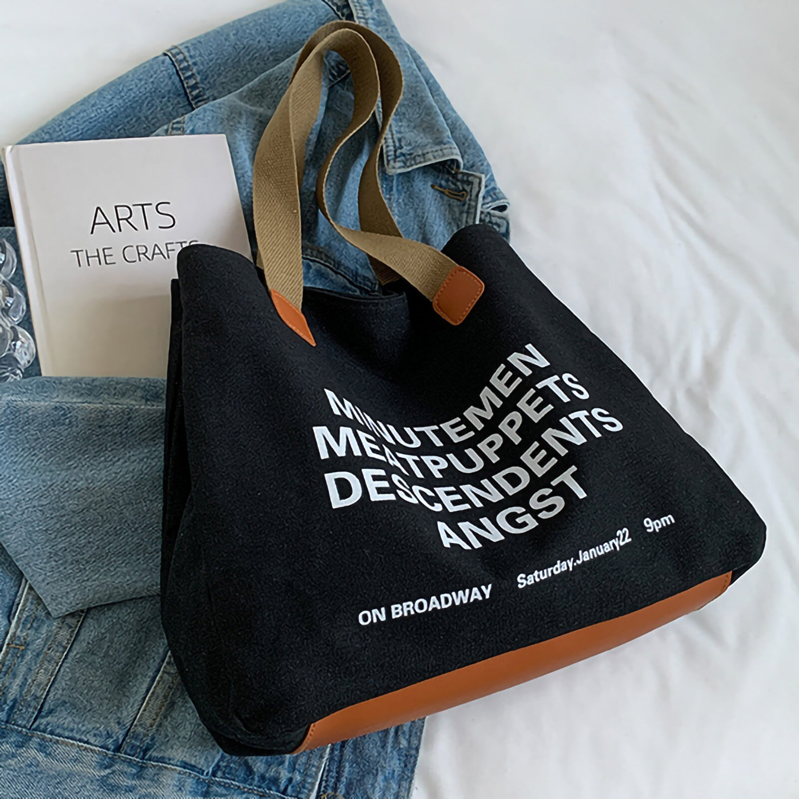 Простая холщовая сумка, повседневная модная изысканная холщовая сумка-тоут большой вместимости с ручкой для женщин и мужчин, черная