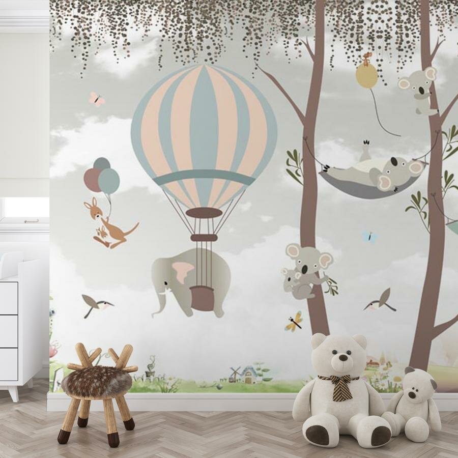 Фотообои Слон на воздушном шаре 12-919-S-Холст 270 x 200 см (ВхШ) Бесшовные, флизелиновые, влагостойкие обои MasterFresok