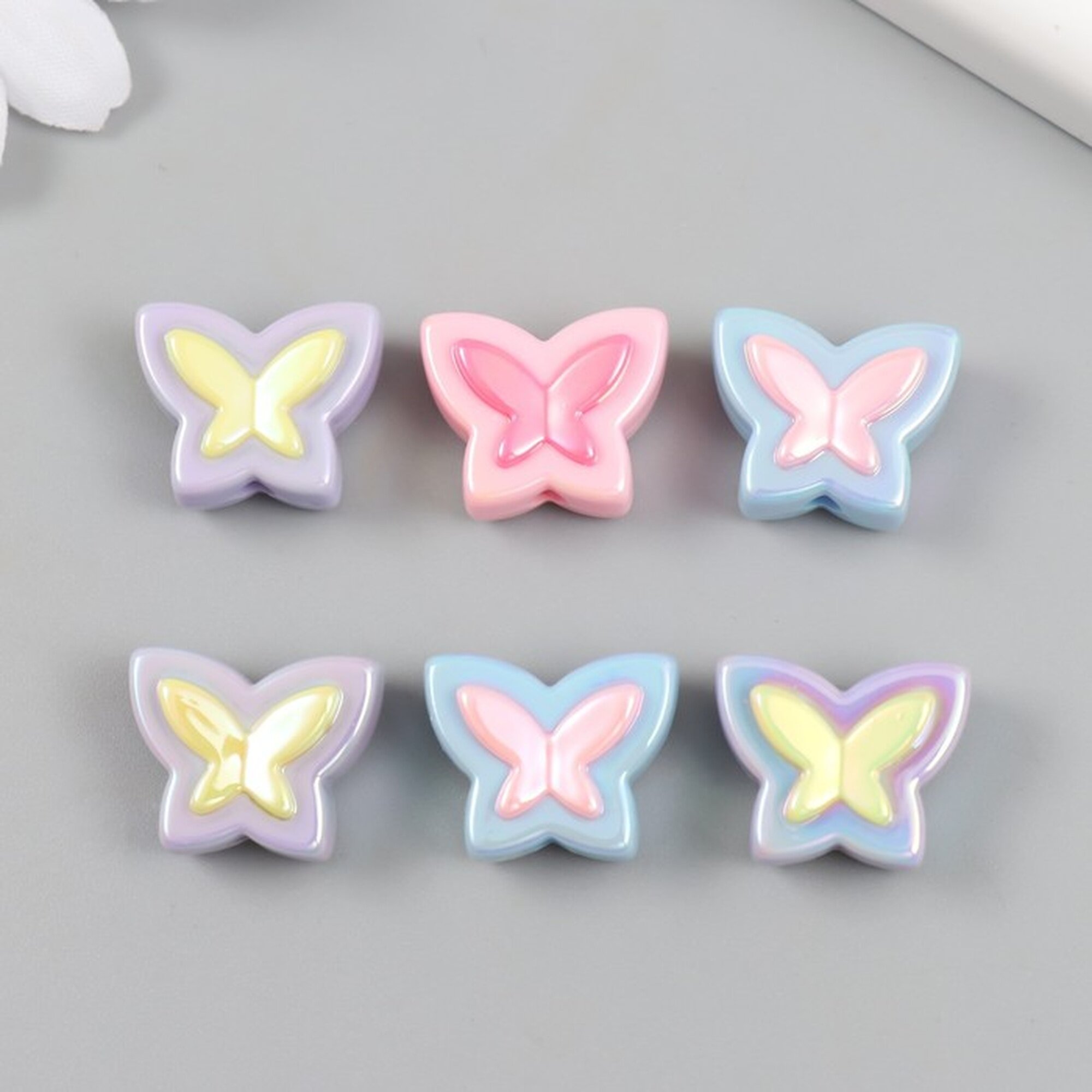 Бусина для творчества пластик набор 6 шт. "Бабочка" цветная с перламутром микс 2х1,6 см