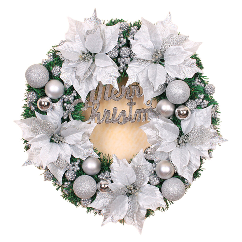 Merry Christmas Fake Poinsettia Glitter Wreath Metallic Flower Decor