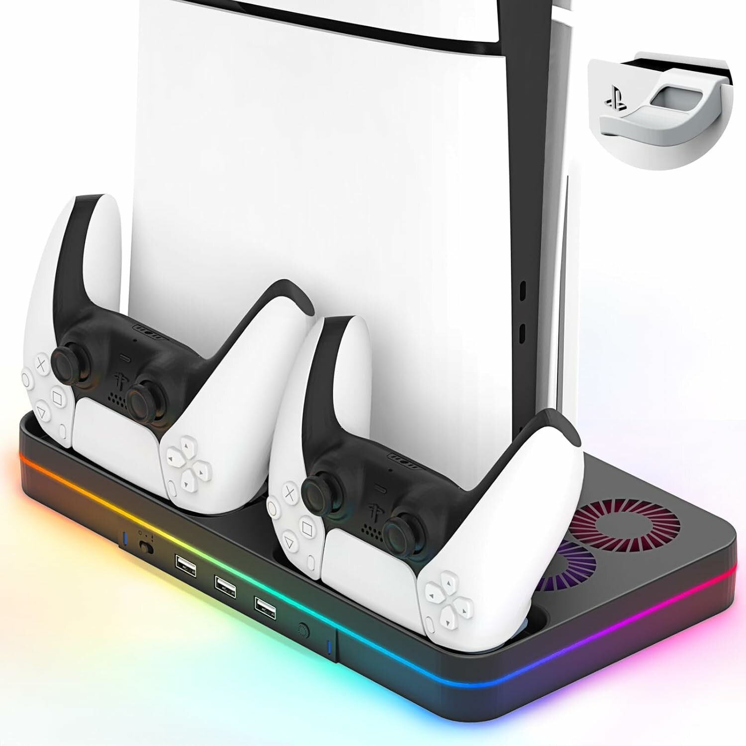 Охлаждающая станция для тонкой консоли Ps5, охлаждающая подставка для PlayStation 5 с RGB-подсветкой, держатель для гарнитуры, 3 USB, черный