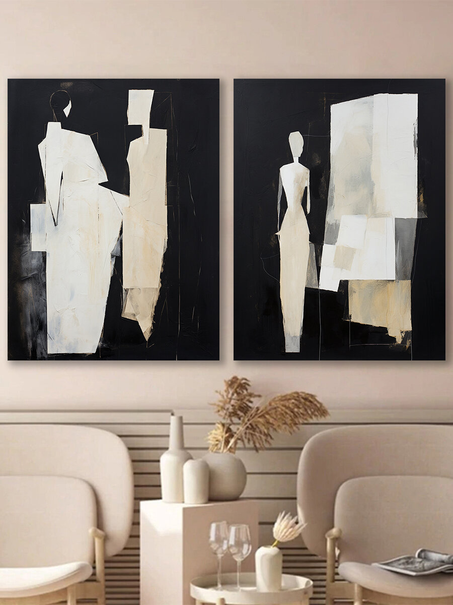 Модульные картины на стену / диптих - "Силуэты людей, абстракция, пара девушка и мужчина", картина 2 шт, модуль 40х60 см