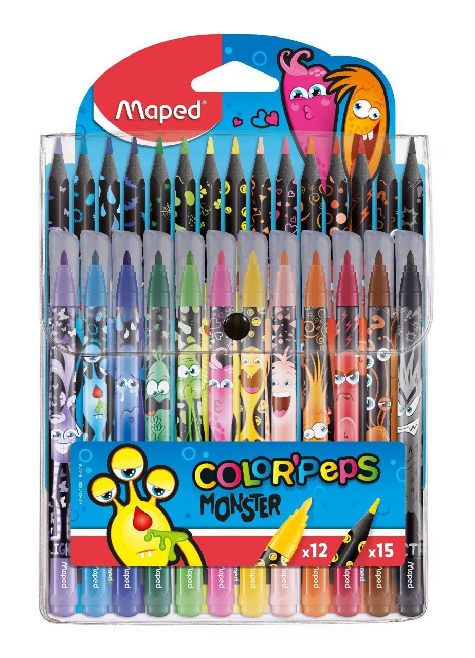 Набор для рисования MAPED COLORapos; PEPS MONSTER 12 фломастеров, 15 пластиковых цветных карандашей