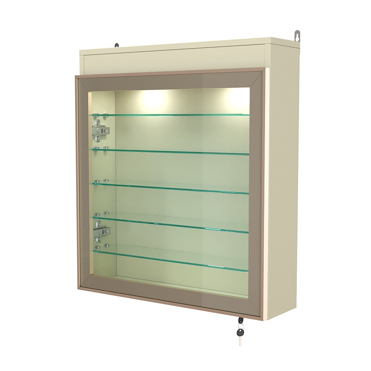 Витрина настенная №1-7А с пятью полками из стекла и верхней подсветкой серии Collecto, Крем Вайс