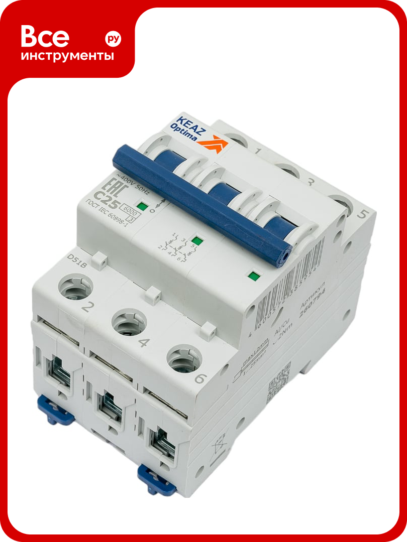 Автоматический модульный выключатель КЭАЗ OptiDin BM63-3C25-УХЛ3, трехполюсный, DIN-рейка, серый корпус, IP20, УХЛ‑3