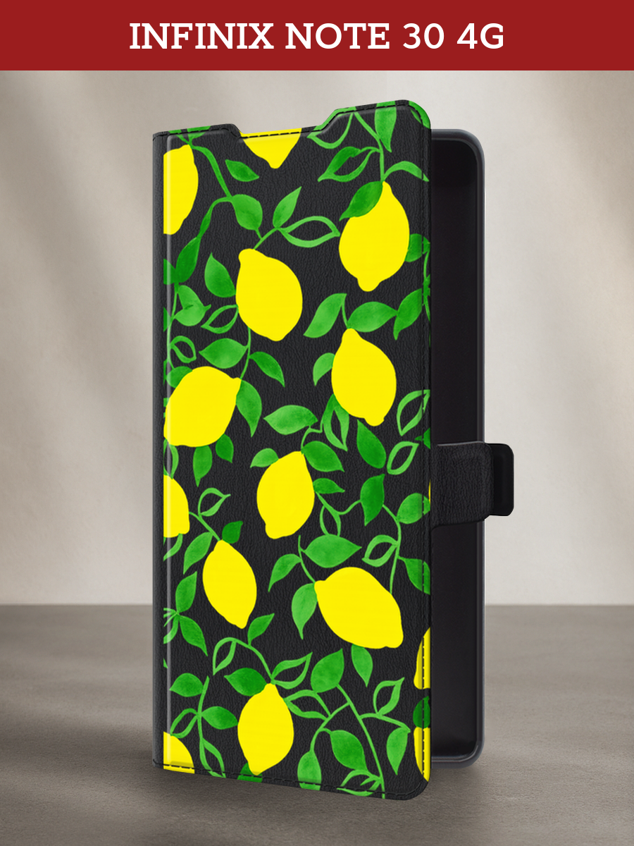 Чехол-книжка на Infinix Note 30 4G / Инфиникс Ноте 30 4G с принтом Желтые лимоны, черный