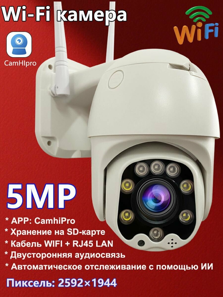 5-мегапиксельная WIFI IP-камера видеонаблюдения с двусторонней аудиосвязью, облачным хранилищем на SD-карте, точкой доступа, сетевым кабелем RJ45 Camhipro