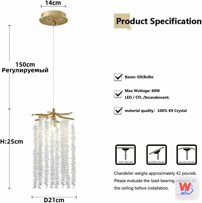 Люстра Xрустальная/люстра хрустальная потолочная Karina B033-1 Золотой светильник Регулируемый Диаметр210mm G9 Лампа