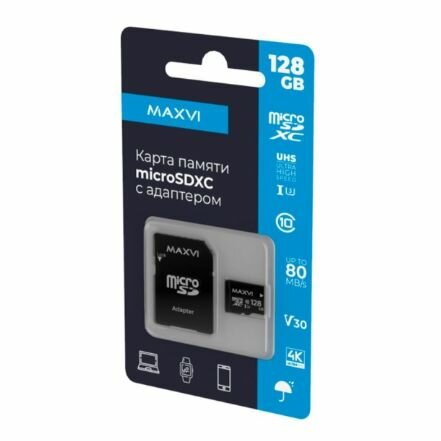 Карта памяти Maxvi V30 128 ГБ (4483) - microSDXC, UHS-I U3, чтение - 80 Мбайт/сек, запись - 30 Мбайт/сек