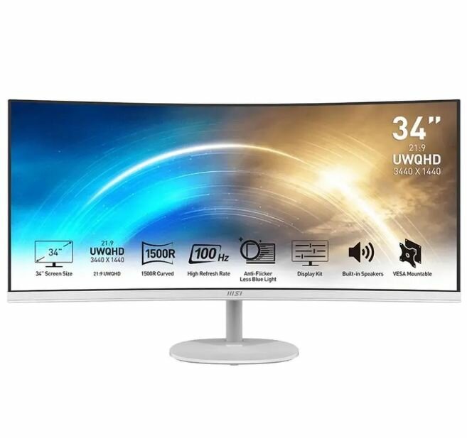 34" Монитор MSI Pro MP341CQW (9S6-3PB2CT-025) белый - 3440x1440 Ultra WQHD@100 Гц, VA, 1 мс, 3000:1, 300 Кд/м, 178/178, HDMI, DisplayPort