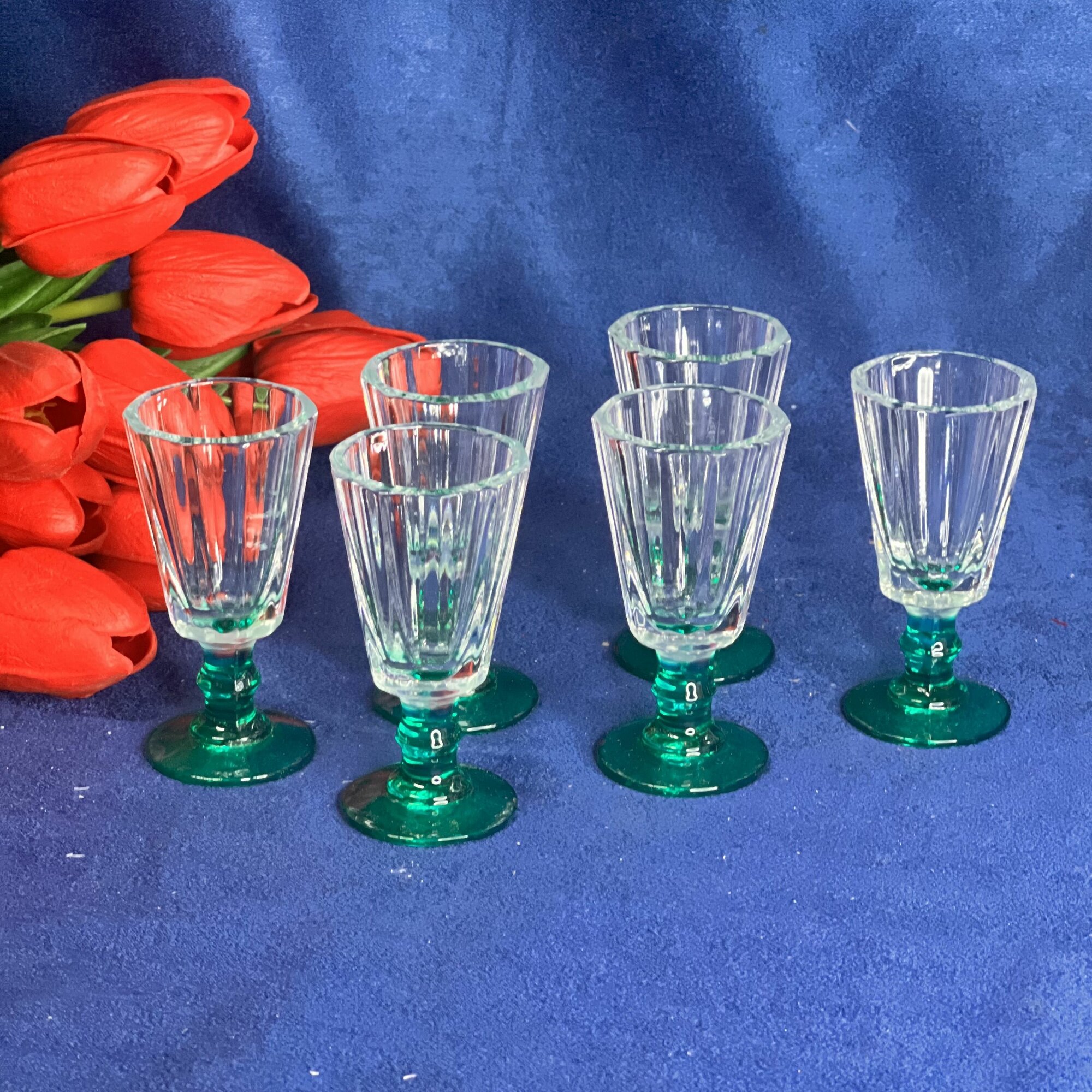 Рюмки хрустальные набор 6 шт Лафитники 25 мл с зеленой ножкой