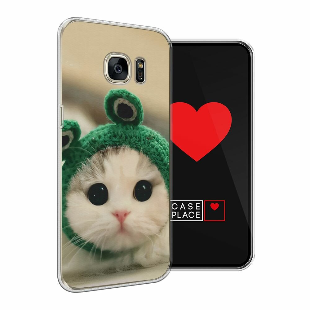 Чехол на Samsung Galaxy S7 / Самсунг Галакси С 7 с принтом "Котёнок в лягушачьей шапочке" — фото 1