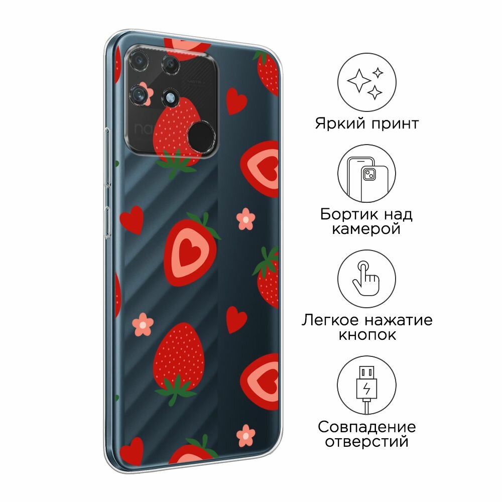 Чехол на Realme Narzo 50A / Реалми Нарзо 50A с принтом "Heart strawberries 2 - 14 февраля", прозрачный — фото 1