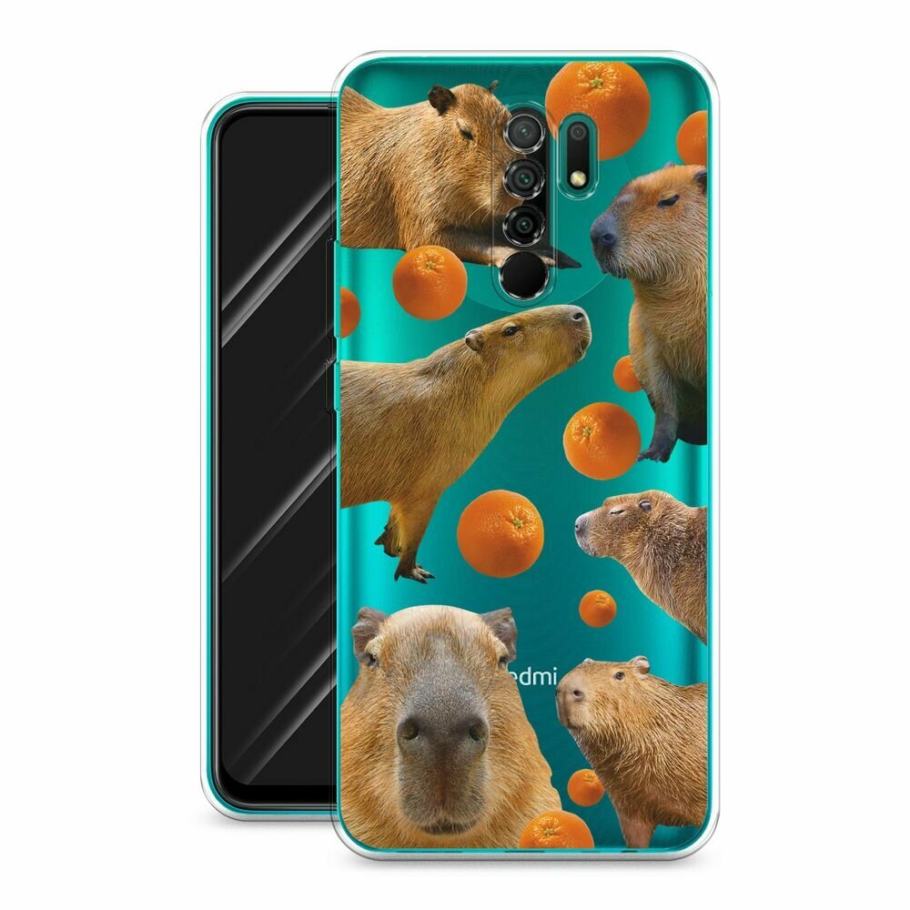Чехол на Xiaomi Redmi 9 / Сяоми Редми 9 с принтом "Капибара и апельсины", прозрачный — фото 1