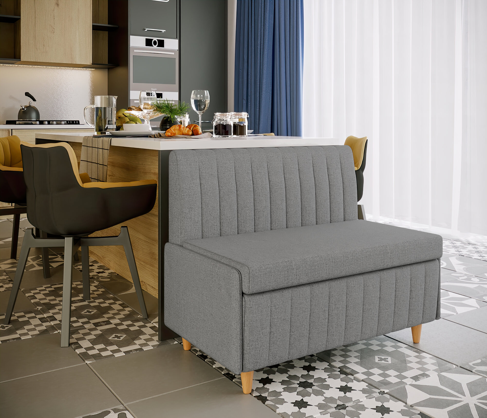 Прямой кухонный диван Мини, Саванна плюс эш, рогожка серая, ППУ, с ящиком