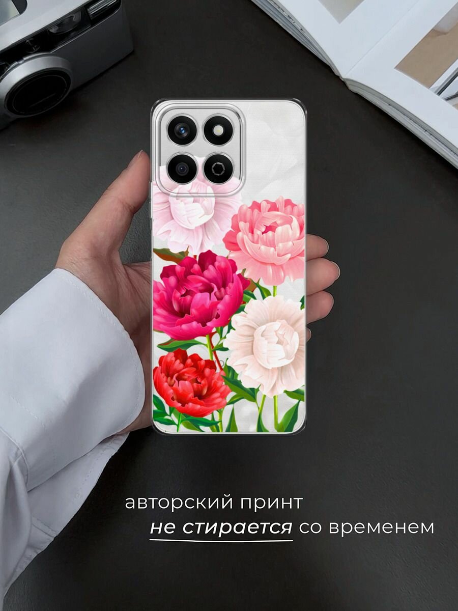 Чехол на Honor X7c / Хонор X7c с принтом "Большие пионы", прозрачный — фото 1