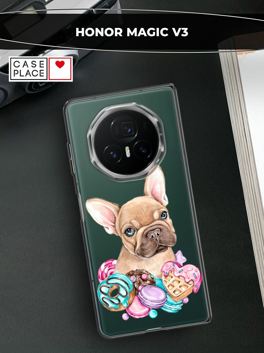 Чехол на Honor Magic V3 / Хонор Мэджик V3 с принтом "Бульдог и сладости", прозрачный