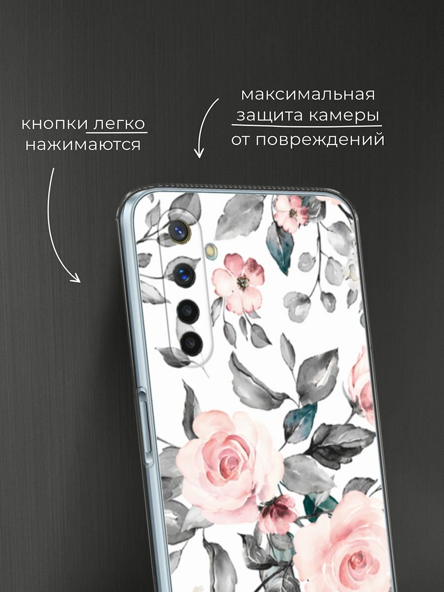 Силиконовый чехол на Realme 6 / Реалми 6 с принтом "Розы на белом" — фото 1